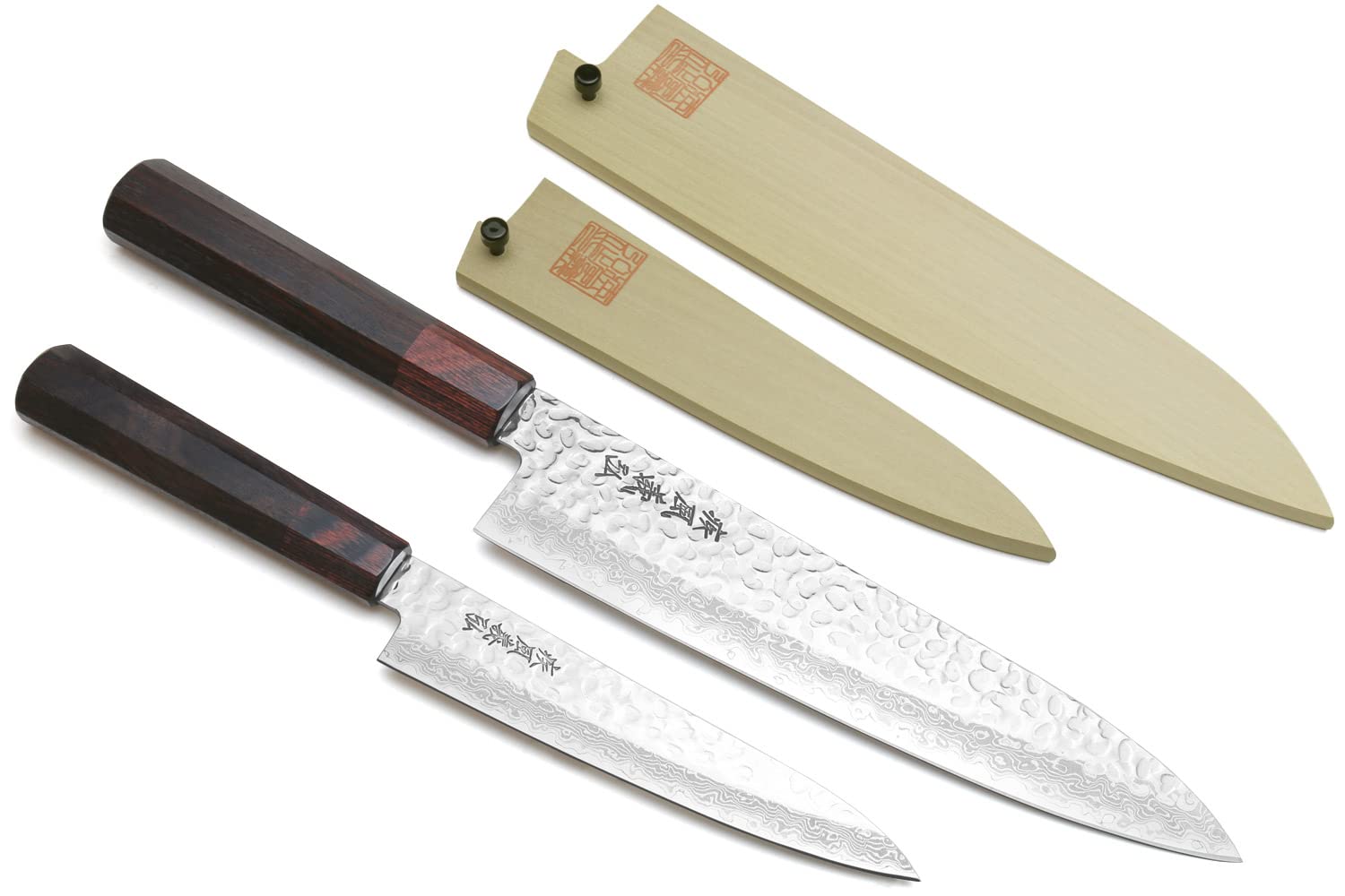Yoshihiro 46 Layers Hammered Damascus Gyuto Chef Knife and Petty Utility Knife SET (Gyuto 8.25'' (210mm) & Petty 6'' (150mm), Rosewood Handle)
