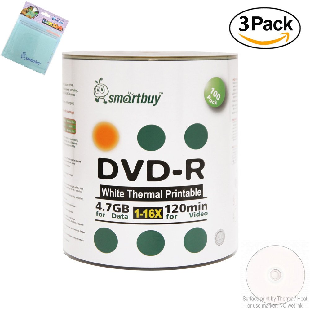 Smartbuy 300-disc 4.7GB/120min 16x DVD-R White Thermal Hub Printable Blank Media Disc + Free Micro Fiber Cloth