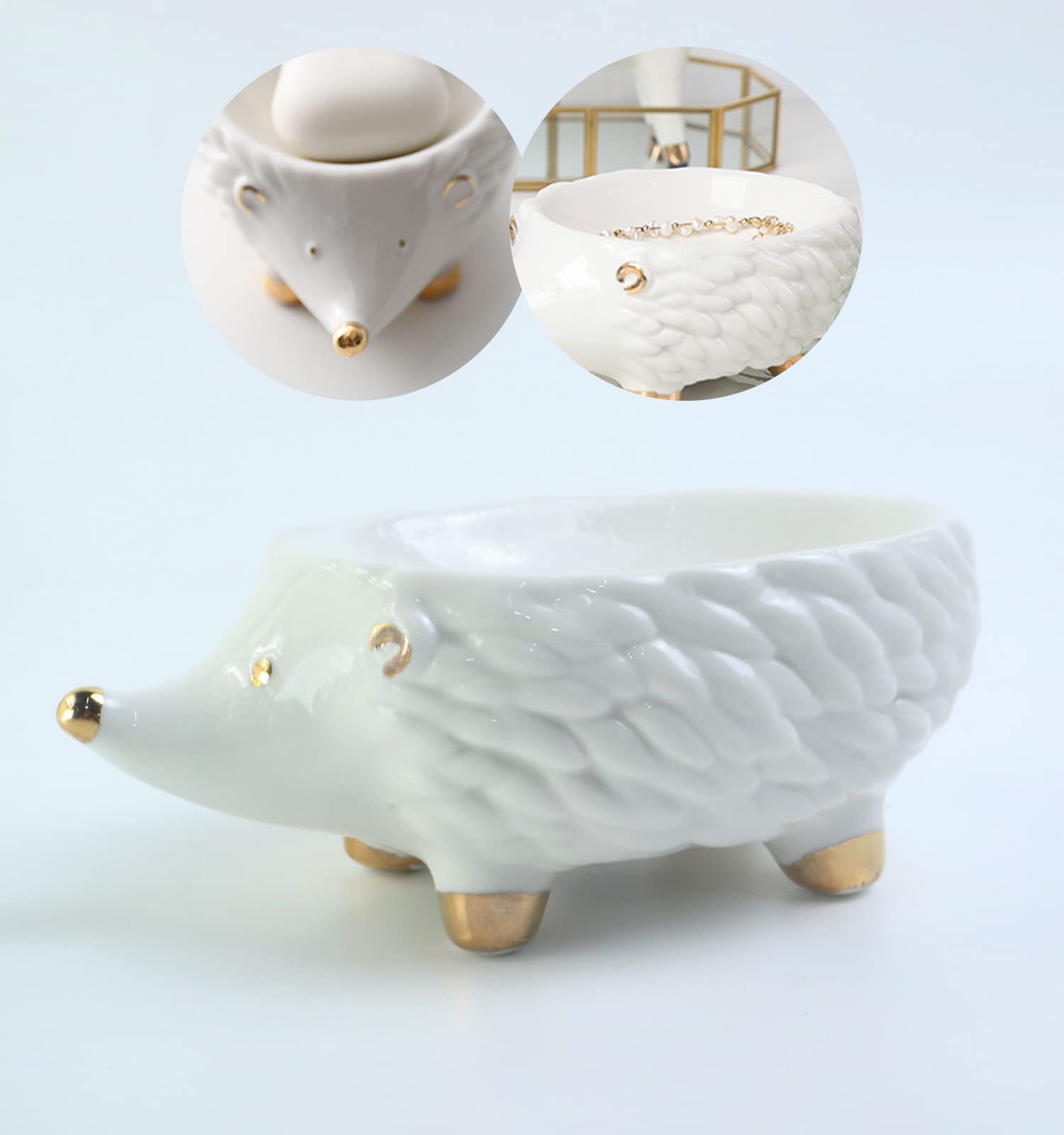 Ceramic Soap Dish with Drain, Hedgehog Toilet Soap Box, Ceramic Jewelry Tray, Funny Soap Storage Container for Shower Bathroom Kitchen Bathtub,White