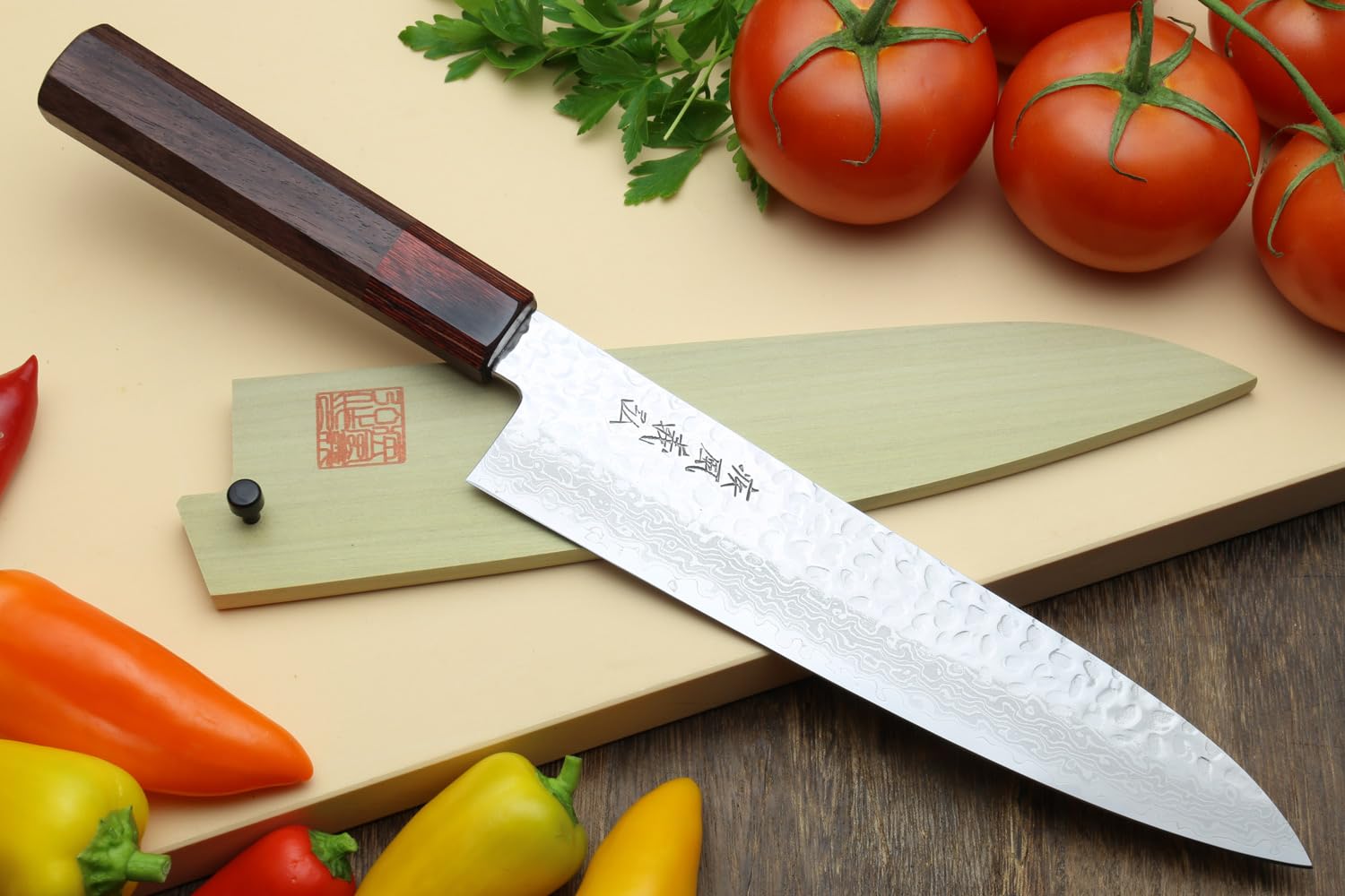 Yoshihiro VG10 46 Layers Hammered Damascus Gyuto Japanese Chefs Knife (Octagonal Shitan Rosewood Handle) (9.5" (240mm)