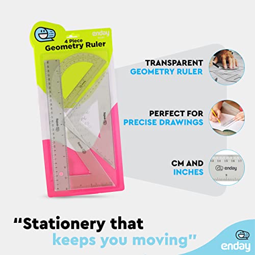 Geometry Plastic Ruler Set, Clear 12 inch/ 30 cm Straight Ruler, Triangle Rulers, Protractor Ruler Tool Set, Transparent School and Office Supplies Math Rulers for Kids and Adults, Set of 4 β By Enday
