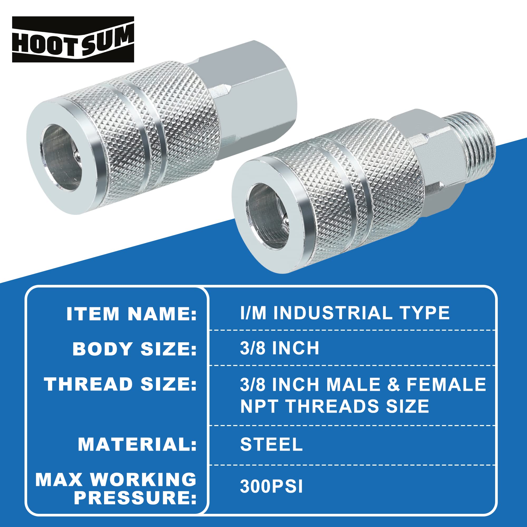 HOOTSUM 3/8’’ Air Hose Quick Connect Fittings, High Flow 3PCS 3/8” Air Coupler and 6PCS 3/8” Air Plug with 3/8 Inch NPT Threads, I/M Industrial Type 10PCS Air Compressor Accessories Connection Kit