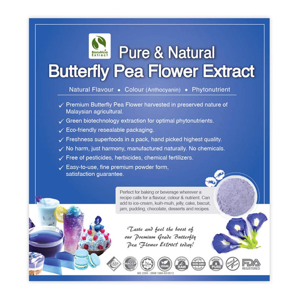 Butterfly Pea Flower Extract Powder 1000g- Bionutricia Extract Natural Asian Gourmet Standardized Fresh Beverage or Bakery Ingredient, Natural Flavor & Color