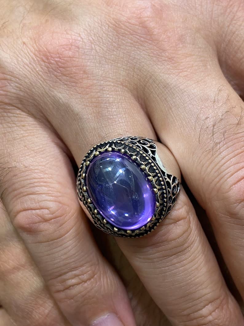 Men Handmade Ring, Amethyst Men's Ring, Ottoman Ring, Embroidered Men's Ring, 925k Sterling Silver Ring