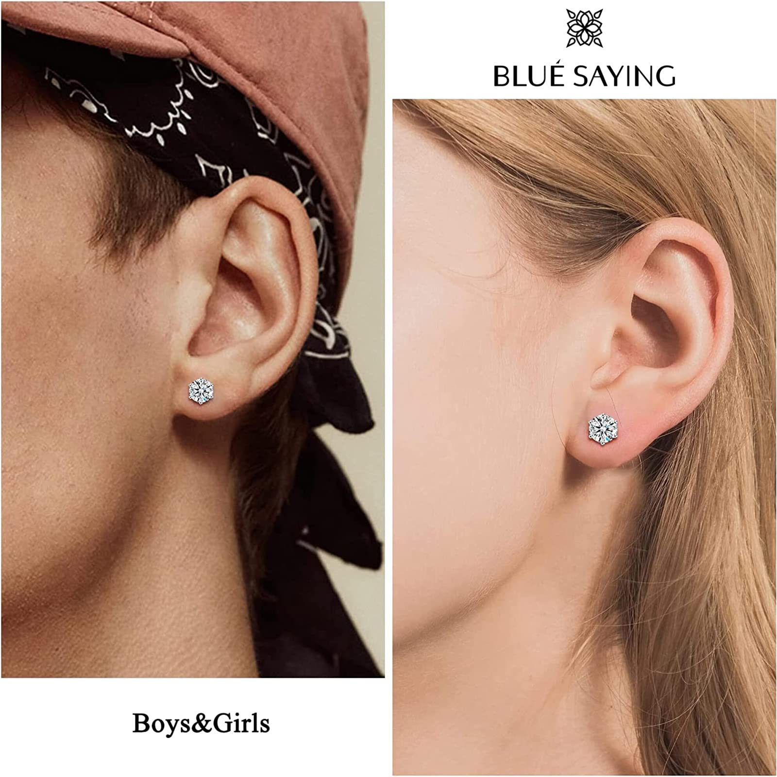 BLUE SAYING D Color VVS1 18K White Gold Moissanite Stud Earrings For Women.2Cts Each 1Carats Set…