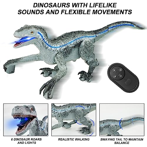 GAROERFA Remote Control Dinosaur Toys for Kids Boys 3 4 5 6 7,RC Walking Velociraptor,3D Eyes & Roaring Sounds, All in One:1 Big and 3 Small Dinosaurs