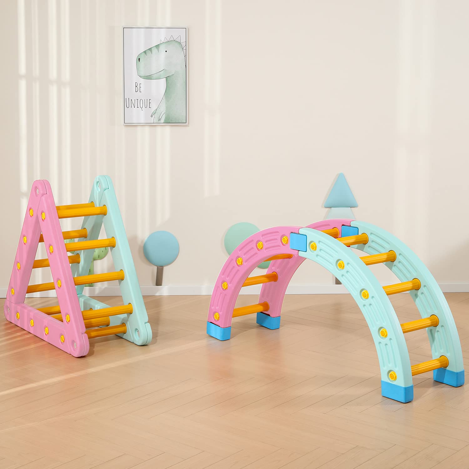 Climbing Toys For Toddlers 1-3 Plastic Climbing Triangle Ladder Indoor Kids Play Gym Activity Climbing Structure Suitable for Exercise Toddler Core Strength Triangle + Semicircle (Blue+Pink)