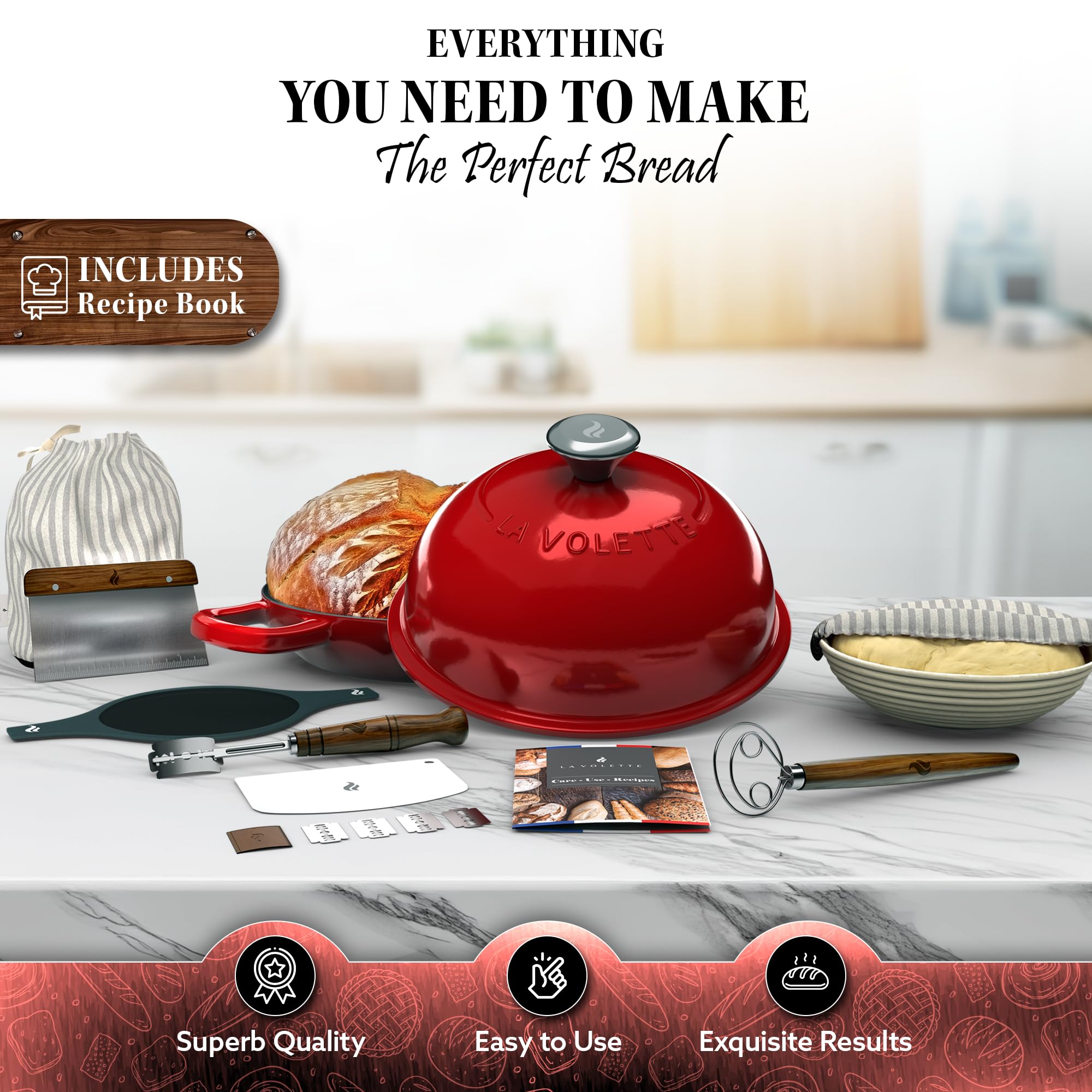 Enameled Cast Iron Bread Pan With Lid 9 Piece Complete Bread Baking Set | Dutch Oven for Bread Baking | 10 Inch Bread Oven with Lid | Thick Enamel | Silicone Baking Mat | Banneton | 6 Quart (Blue)