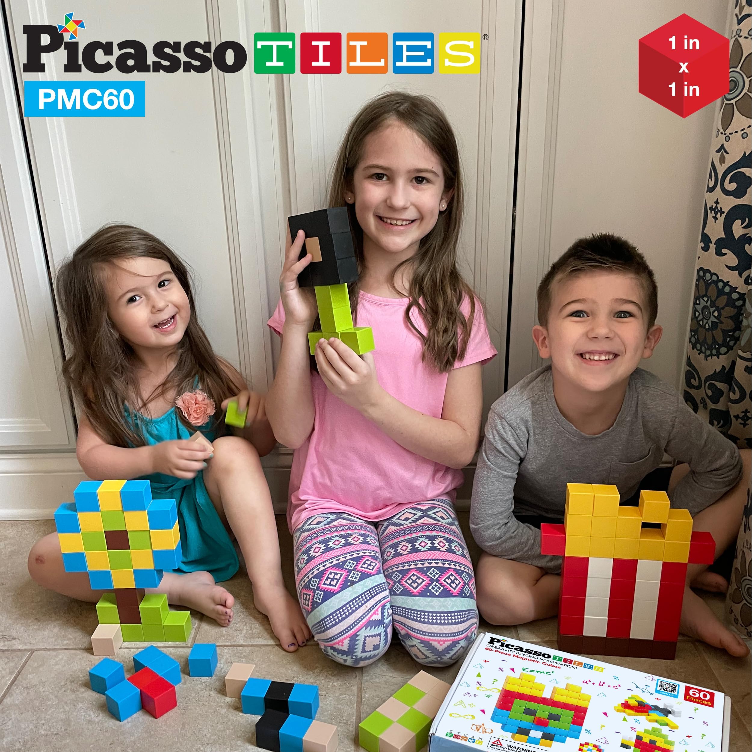 PicassoTiles 60 Pieces 1" Magnetic Building Blocks, 3D Construction Cubes Magnet Sensory Toys Gifts with Free Idea Book for Kids, Toddlers & Babies - PMC60