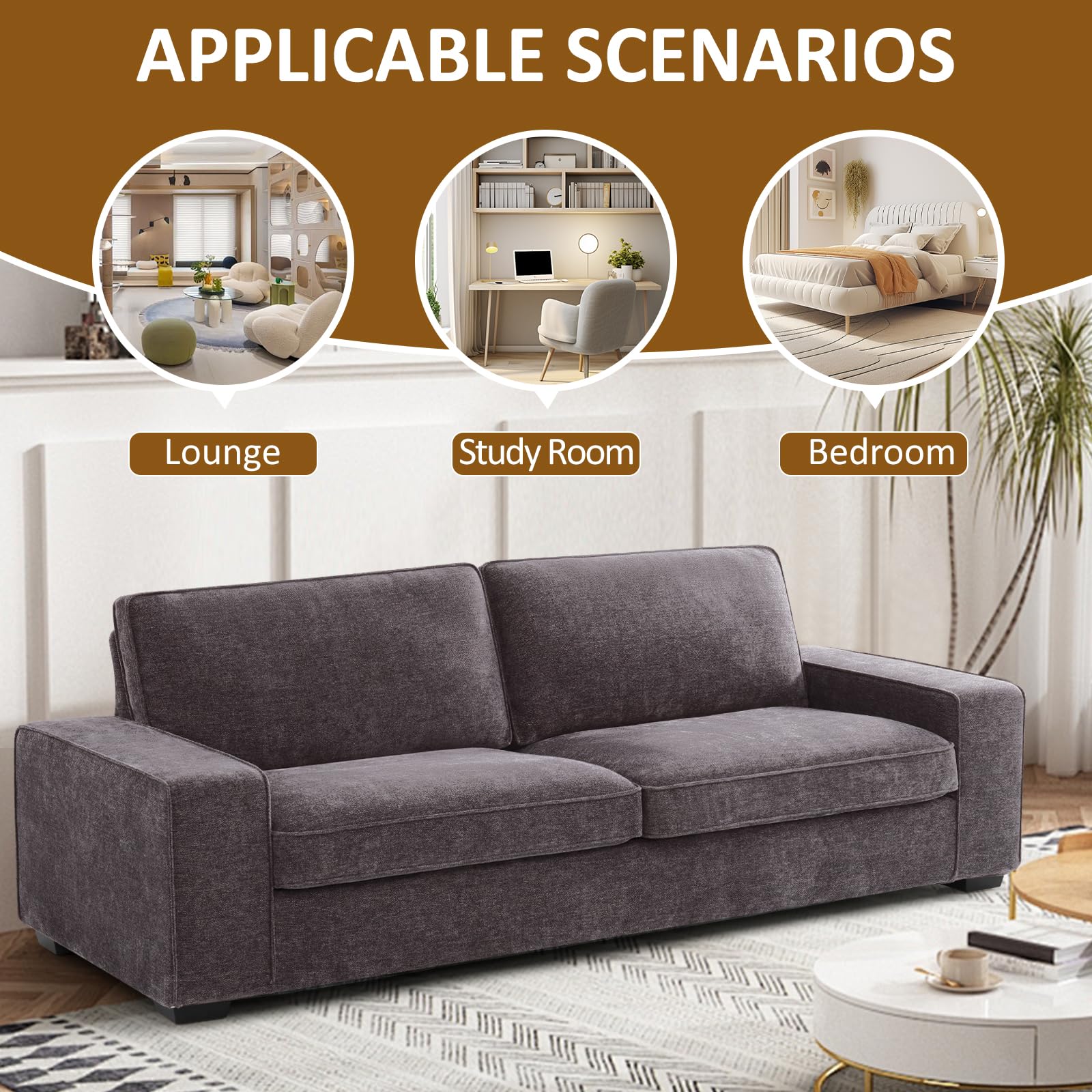 EASELAND 88" Chenille Loveseat Sofa for Living Room, Modern Deep Seat Sofa Couch with Removable Back and Seat Cushions, Comfy Sofa with Wood Legs and Armrest(Dark Grey)