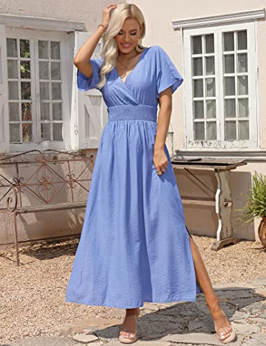 KOJOOIN Womens V Neck Short Sleeve Solid Long Dresses Smocked High Waist Slit Maxi Dress Blue M
