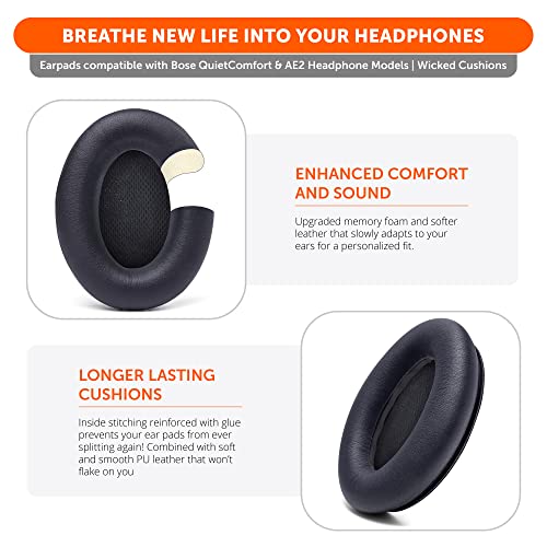 WC Upgraded Replacement Ear Pads for Bose QC15 Headphones Made by Wicked Cushions- Supreme Comfort - Compatible with QC25 / QC2 / AE2 / AE2i / AE2W - Extra Durable | (PU Leather)