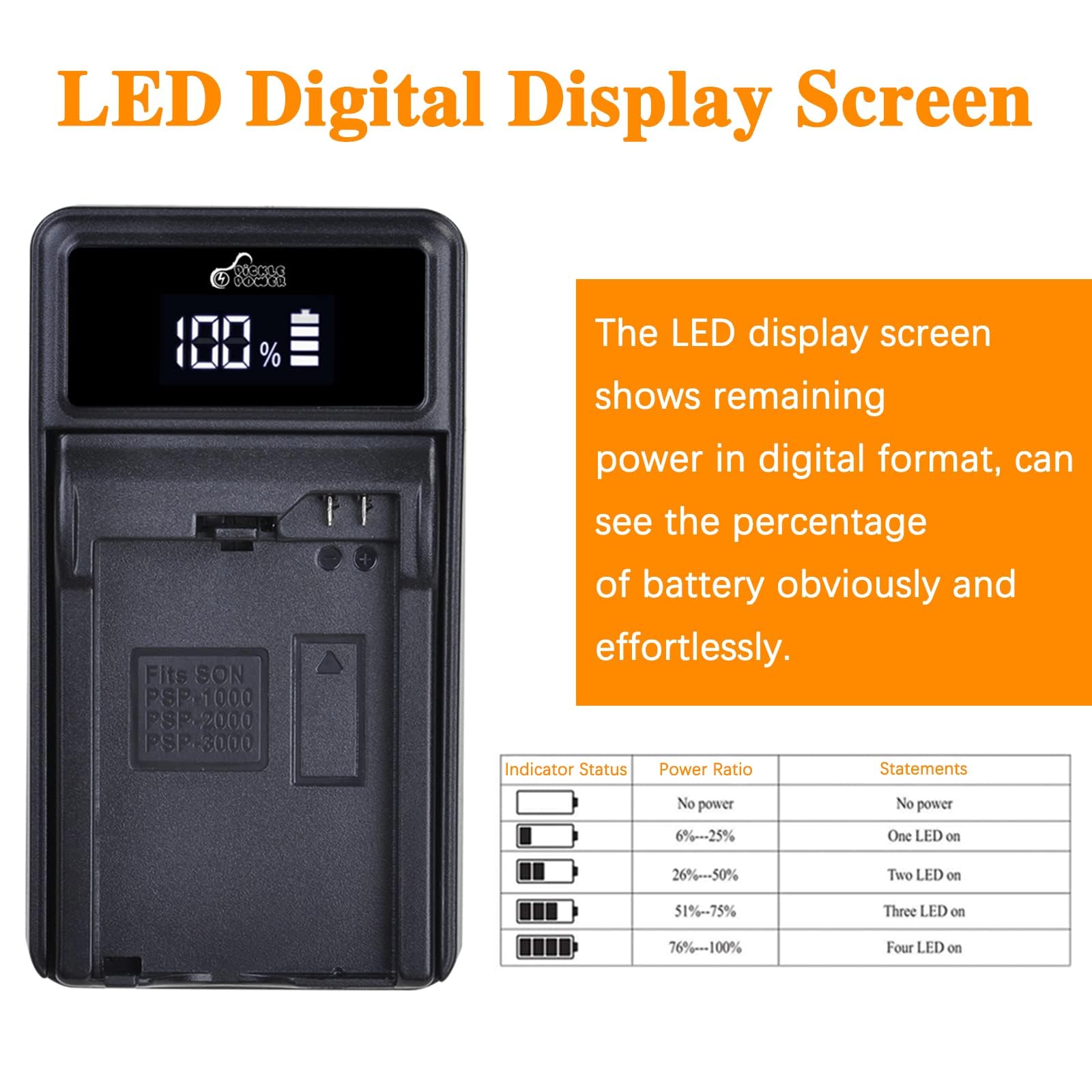 Pickle Power PSP 3001 Battery and LED Display Charger for Sony PSP 2000/3000 PSP-S110 Console, PSP-3001 PSP-3002 PSP-3000 PSP-3004 PSP-2001 PSP-2002 PSP-2003,PSP Lite, PSP Slim