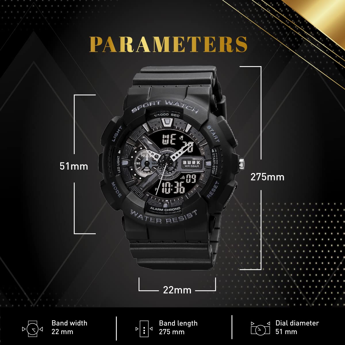 BURK 1688BK Military Wristwatch Men Water Shock Resistant Dual Time Sports Digital LED Display