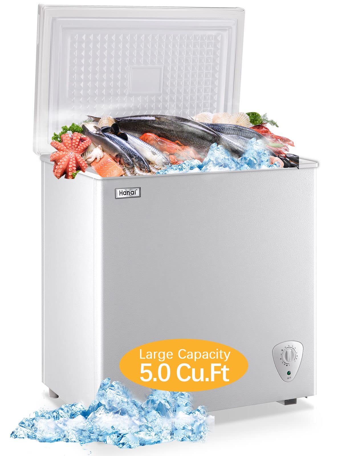 Chest Freezer 5.0 Cu.Ft Black Compact Freezer, Manual Defrost Deep Freezer with Storage Basket, Space-Saving Flat Back, Stay-Open Lid, Side-Access Drain for Home Basement Cottage Business