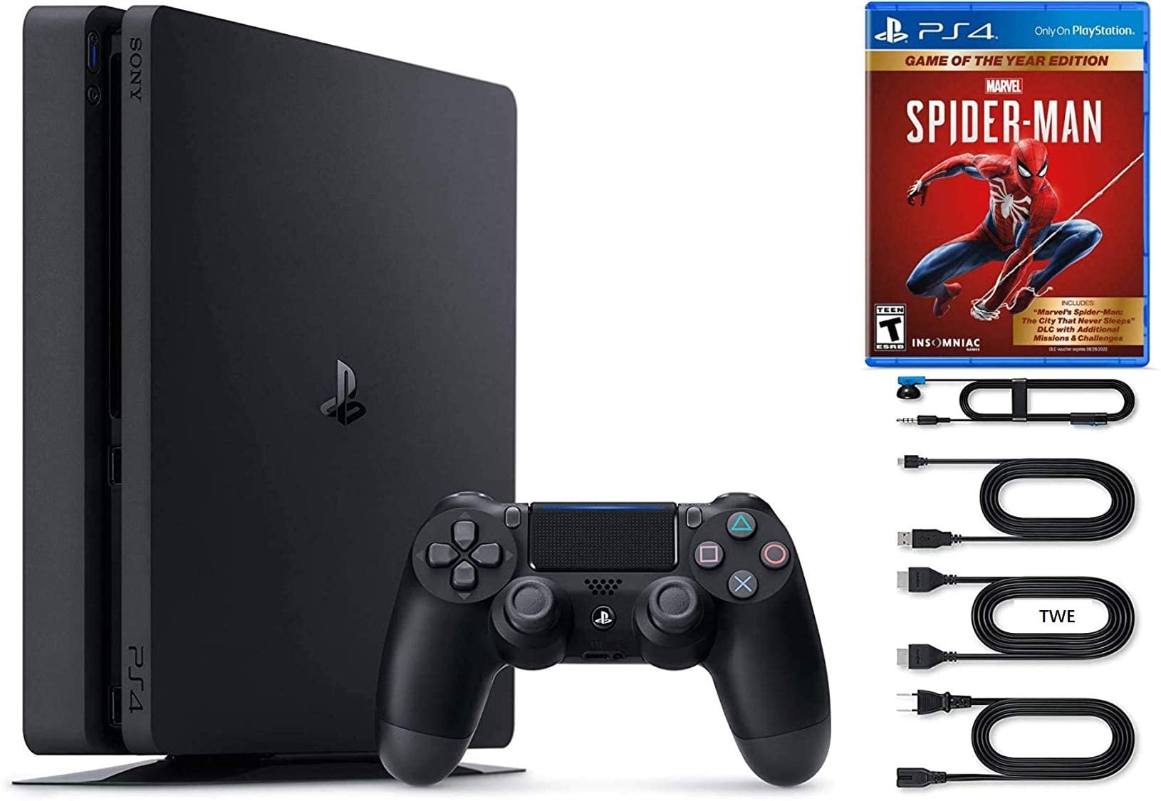 PS4 Playstation 4 Slim 1TB Console Bundle with Marvel's Spider-Man: Game of The Year Disk Edition + TWE HDMI Cable (Renewed)