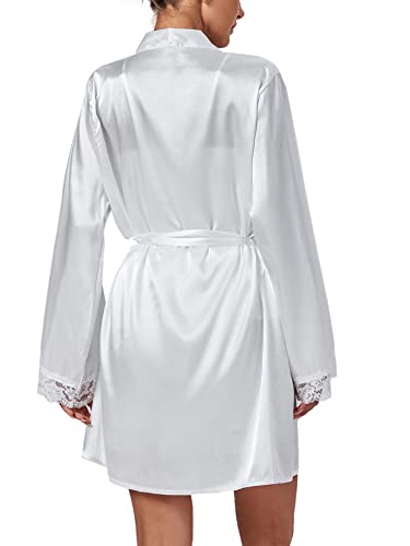 LYANER Women's 3pcs Sleepwear Silk Satin V Neck Lace Trim Cami Top and Shorts Pajama Set with Robe White Small