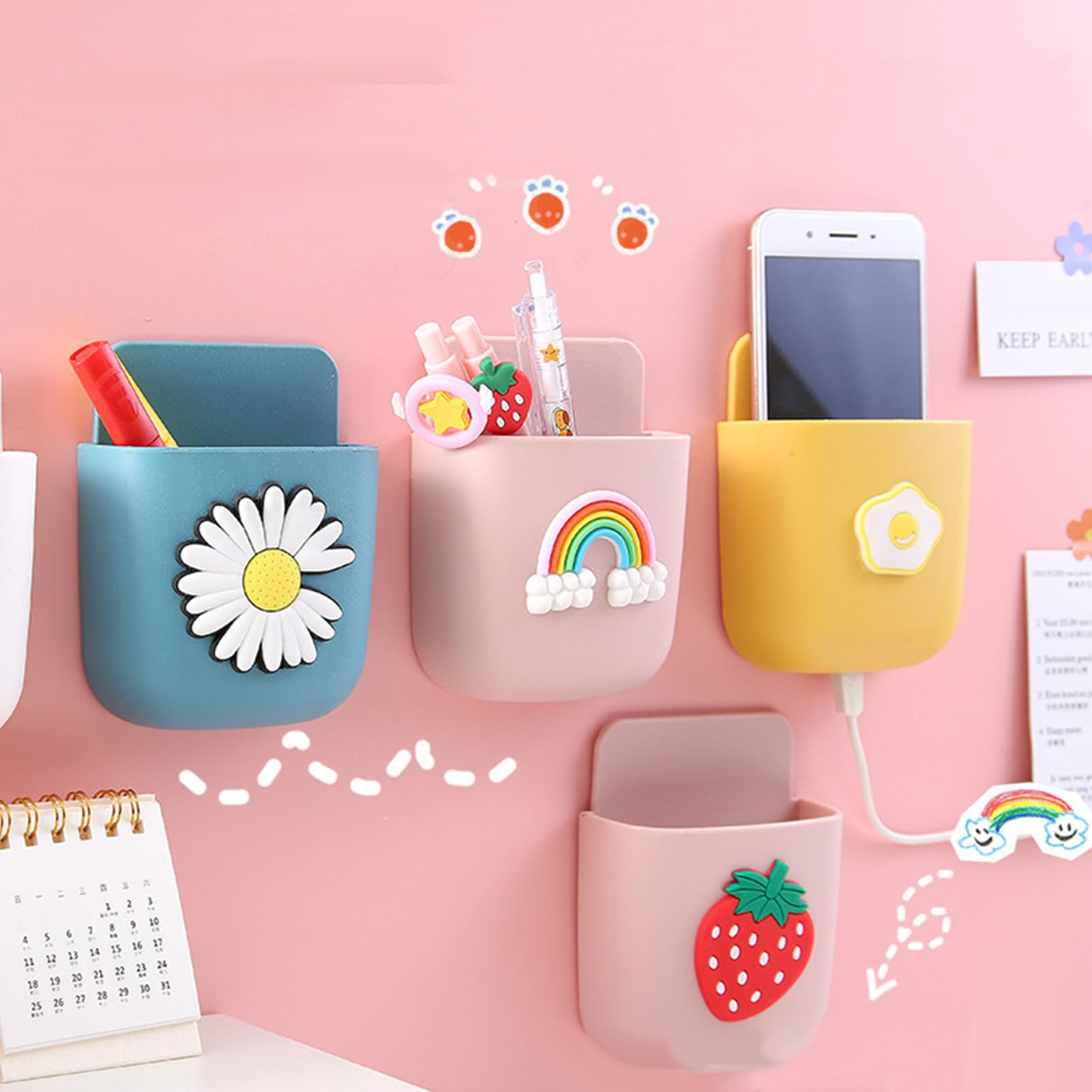 Enforose Wall Storage Rack, Cartoon Storage Box Wall Mounted Storage Container Cute Phone Holder Wall Mount Pencil Holder Makeup Organzier(fried eggs)
