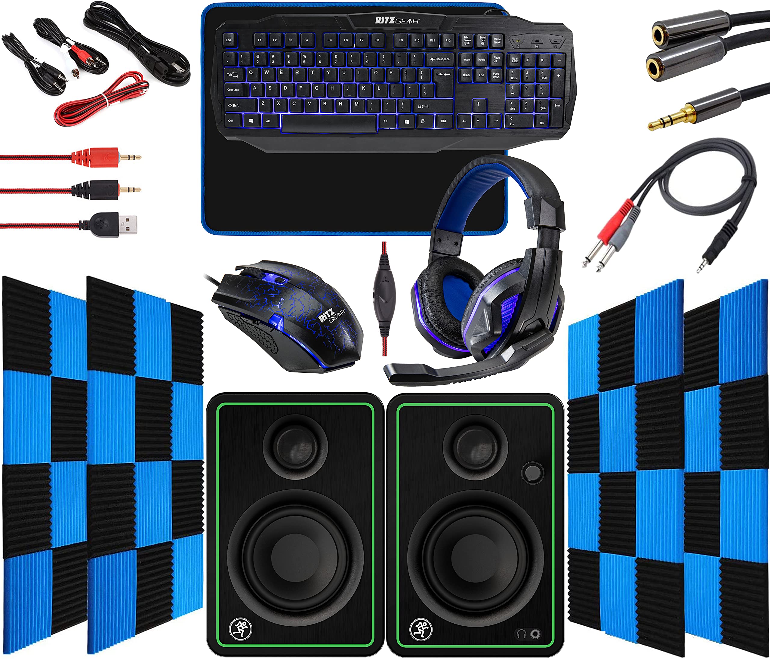 RitzGear Blue Gaming Kit I 4-in-1 LED Combo with Multimedia Keyboard, Optical Mouse, Mouse Pad & Headset with Adapter with CR4-X 4" Monitors and 24 Pack Acoustic Soundproof Wedge Panels