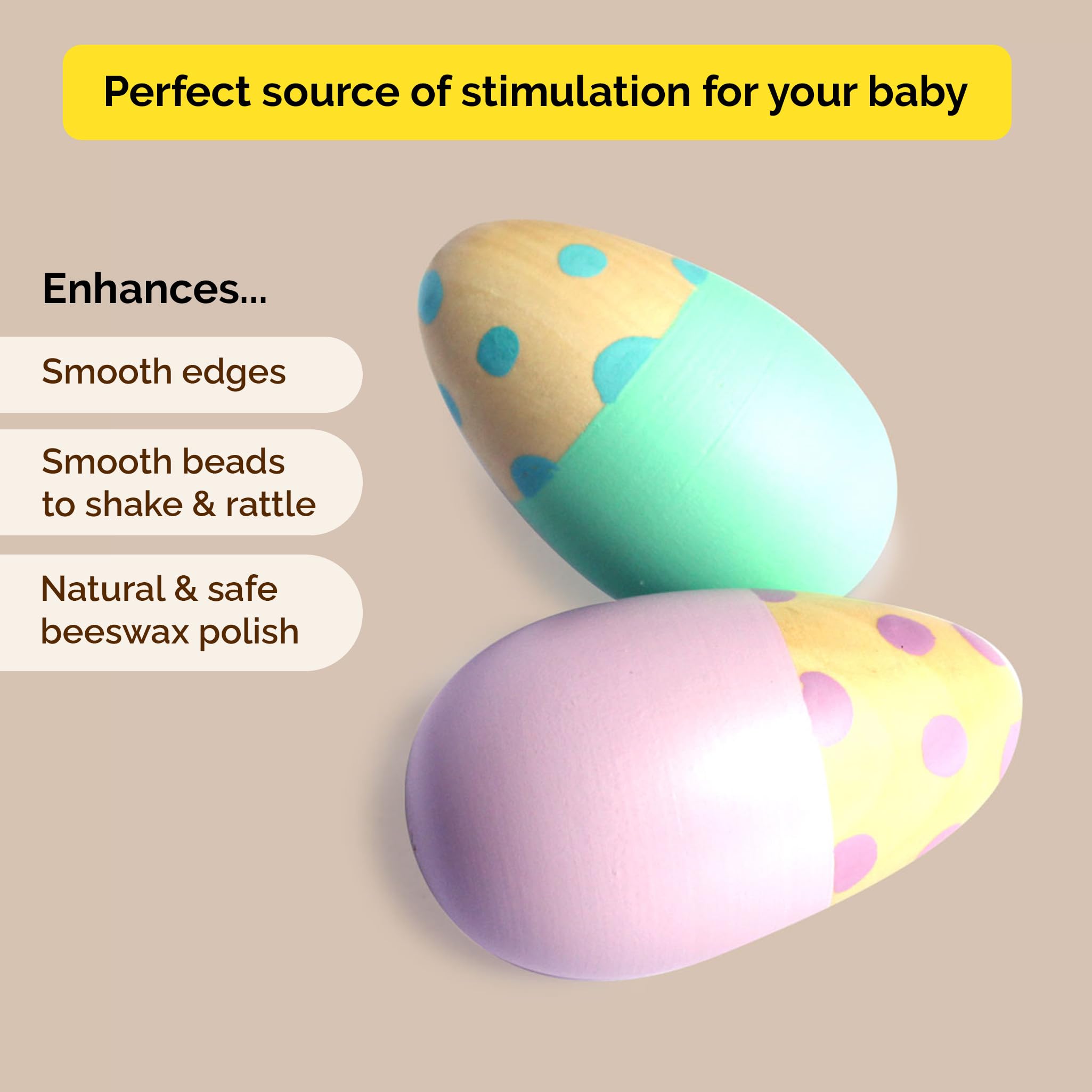 Shumee Wooden Egg Shakers for Babies (6 Months+) | Set of 2 Maraca Eggs (Teal & Purple Dots) | 8 cms | 100% Child Safe & Non Toxic | Musical Rattle Montessori Toy