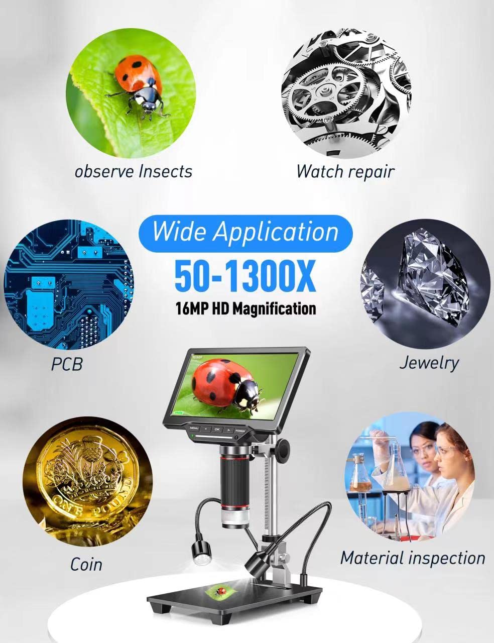 Dcorn Digital Microscope – 7 inch HDMI LCD Coin Microscope with 4.7 inch Extension Tube – 1300X 16MP Soldering Microscope Camera – Microscope for Adults with Touch Control LED Lights, (HDMI 7 INCH)