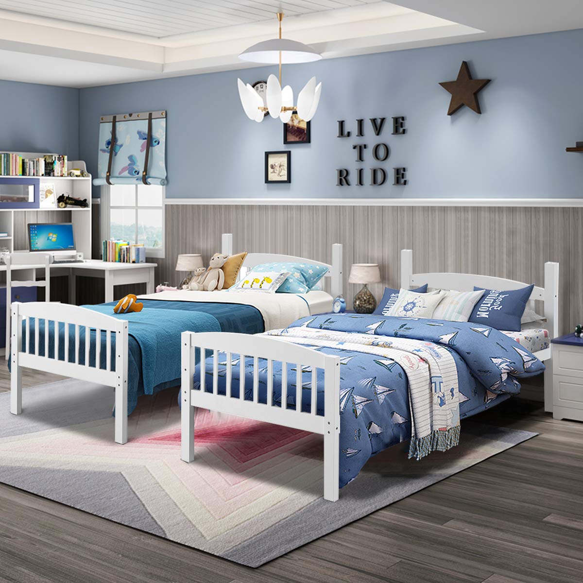 GOFLAME Twin Over Twin Bunk Beds, Convertible Into Two Individual Solid Rubber Wood Beds, Space Saving Design, Children Stylish Sleeping Bedroom Furniture with Ladder and Safety Rail (White)