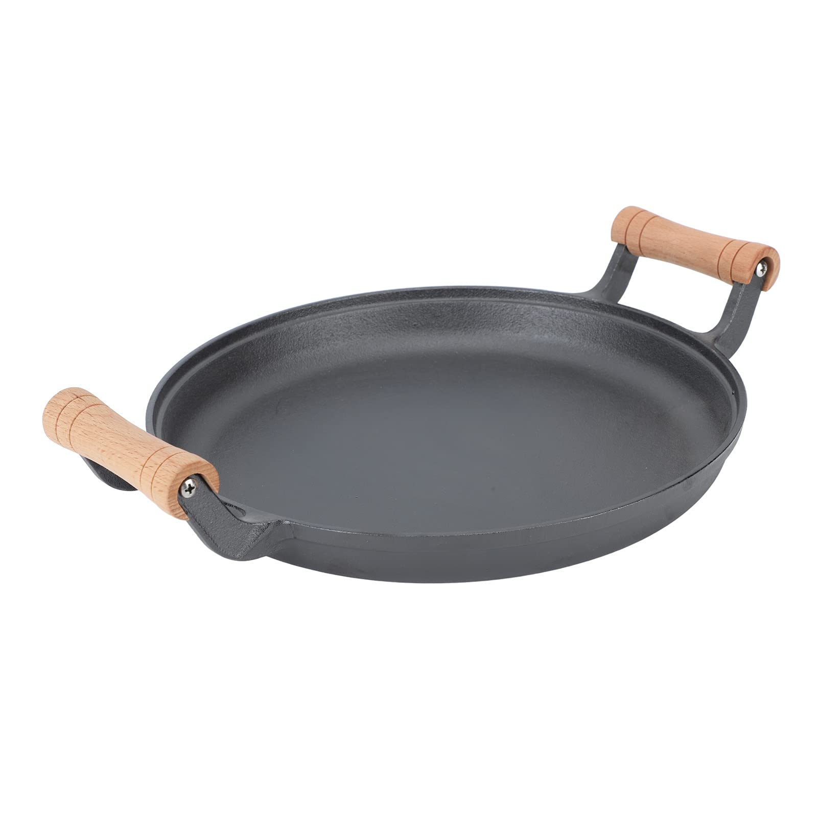 Depurate Round Cast Iron BBQ Grill Pan Dual Wooden Handles Steak Frying Meats Roasting Skillets Gatherings (33cm/12.99in)