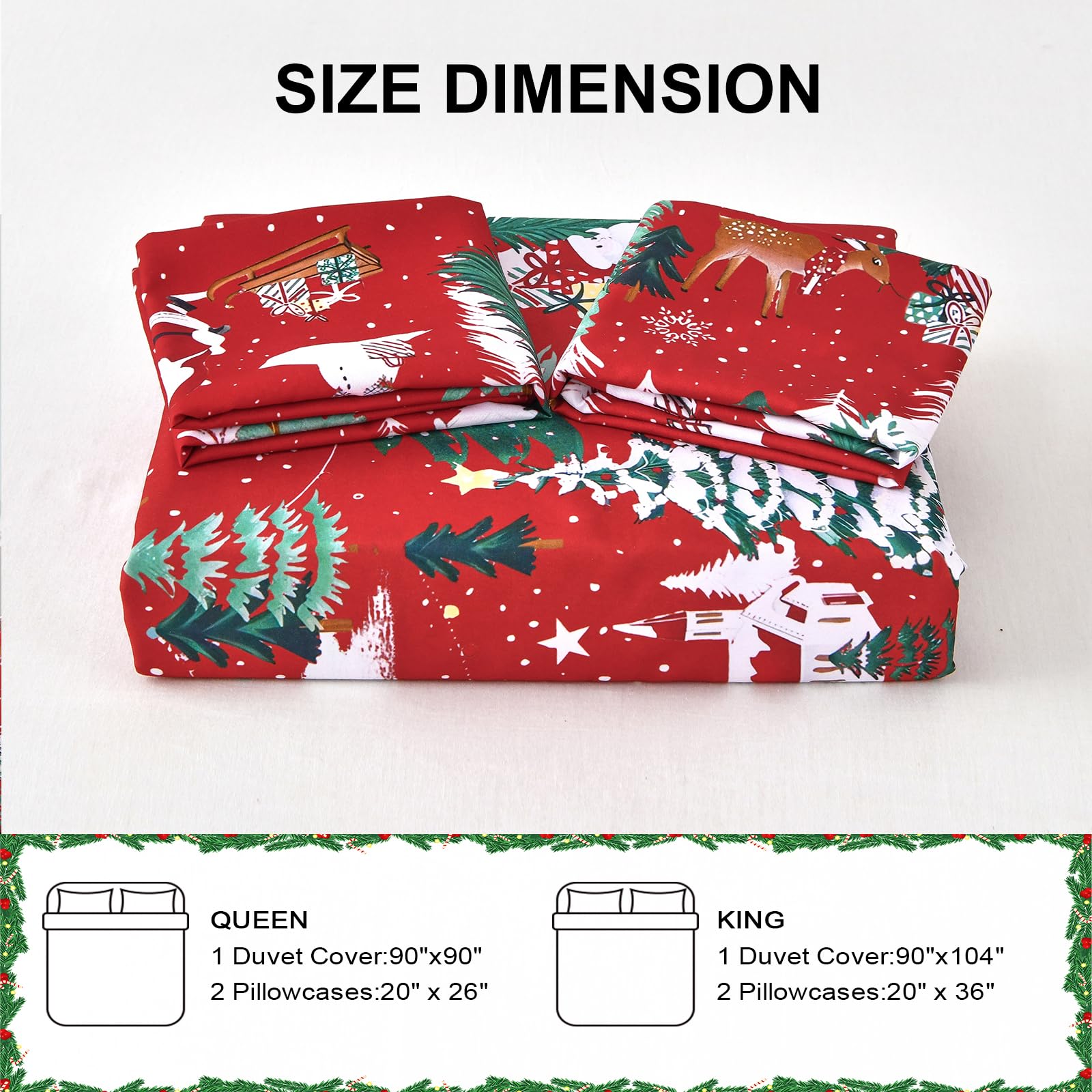 Dinjoy Christmas Red Duvet Cover Set King Size, 3 Piece Father Christmas Xmas Trees Snowman, Soft Microfiber King Duvet Cover Set for All Seasons