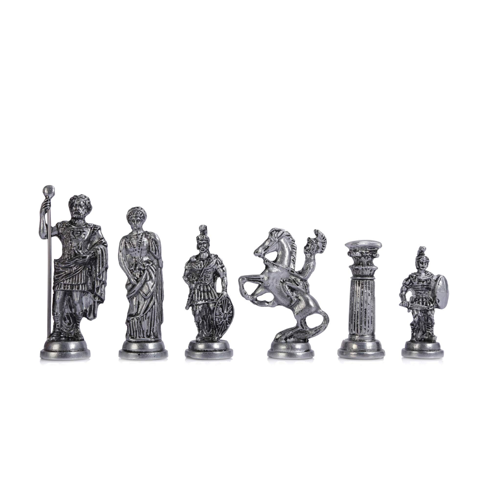 Metal Chess Set for Adult Historical Antique Copper Rome Figures Handmade Pieces and Natural Solid Wooden Chess Board with Original Pearl Around Board and Storage Inside King 4 inc
