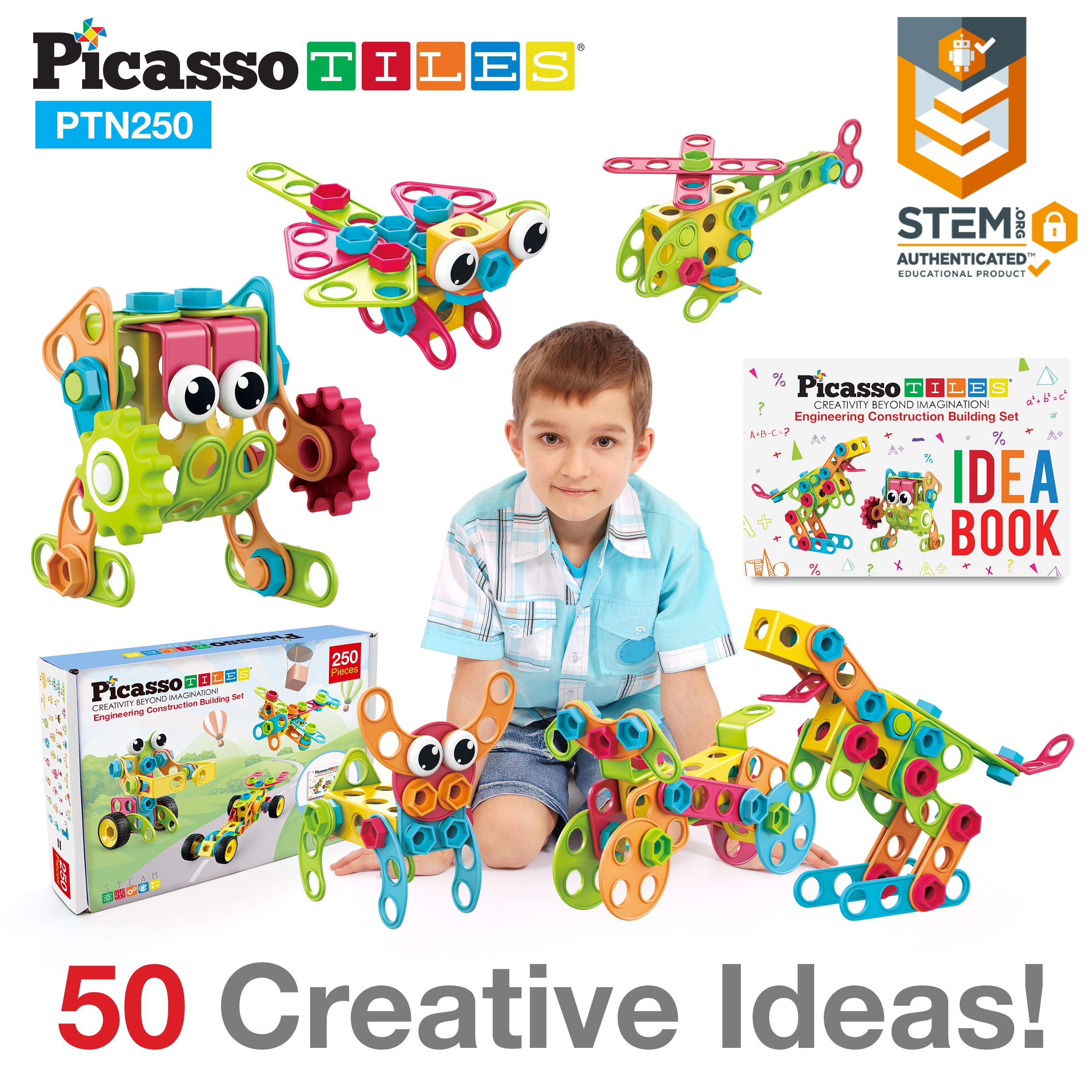 PicassoTiles STEM Learning Toys 250 Piece Building Block Kids Construction Engineering Kit Toy Blocks Children Early Education Playset w/Free IdeaBook, Power Drill, Clickable Ratchet, Age 3+ PTN250
