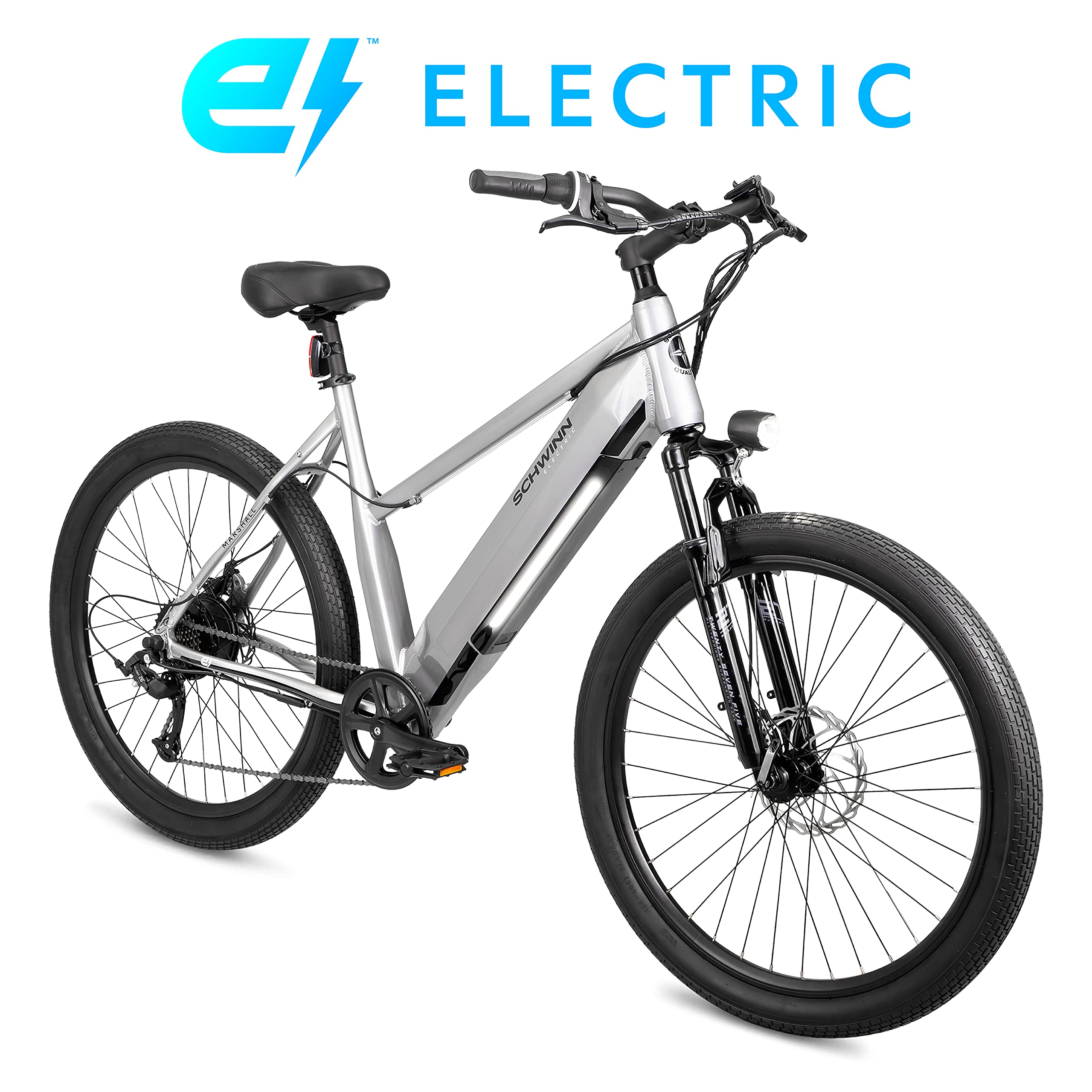 Schwinn Marshall Electric Hybrid Bike for Adults, Small/Medium Step-Thru Aluminum Frame, 250W Motor, 7 Speed, 27.5-Inch Wheels, Gloss Grey