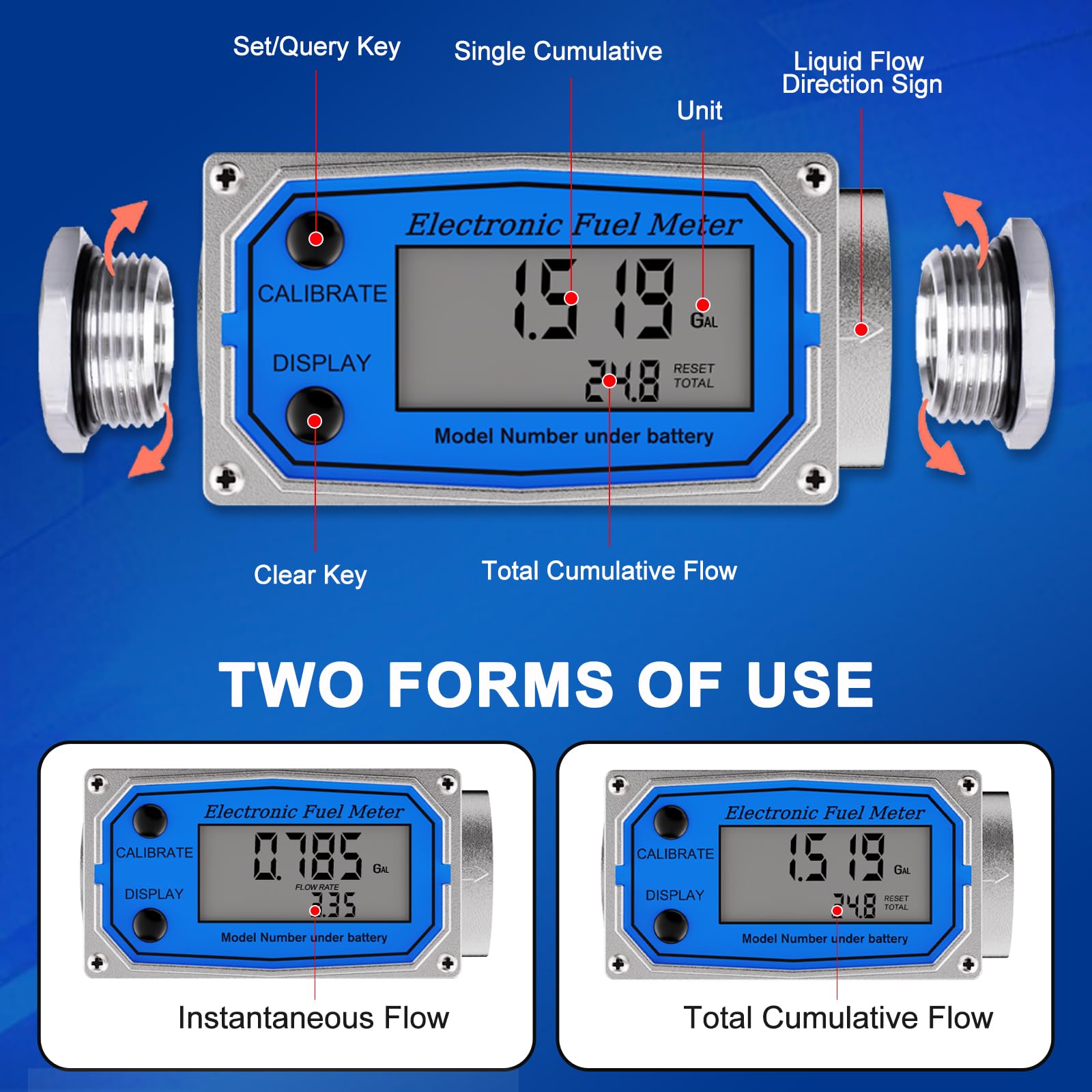 Flow Meter 3/4 Inch Digital LCD Display with NPT Counter Waterproof Oil Flowmeter Kerosene Diesel Fuel Flow Water Flow Meter, Switch Between GAL(Gallons), QTS, PTS, L, and m³ Units