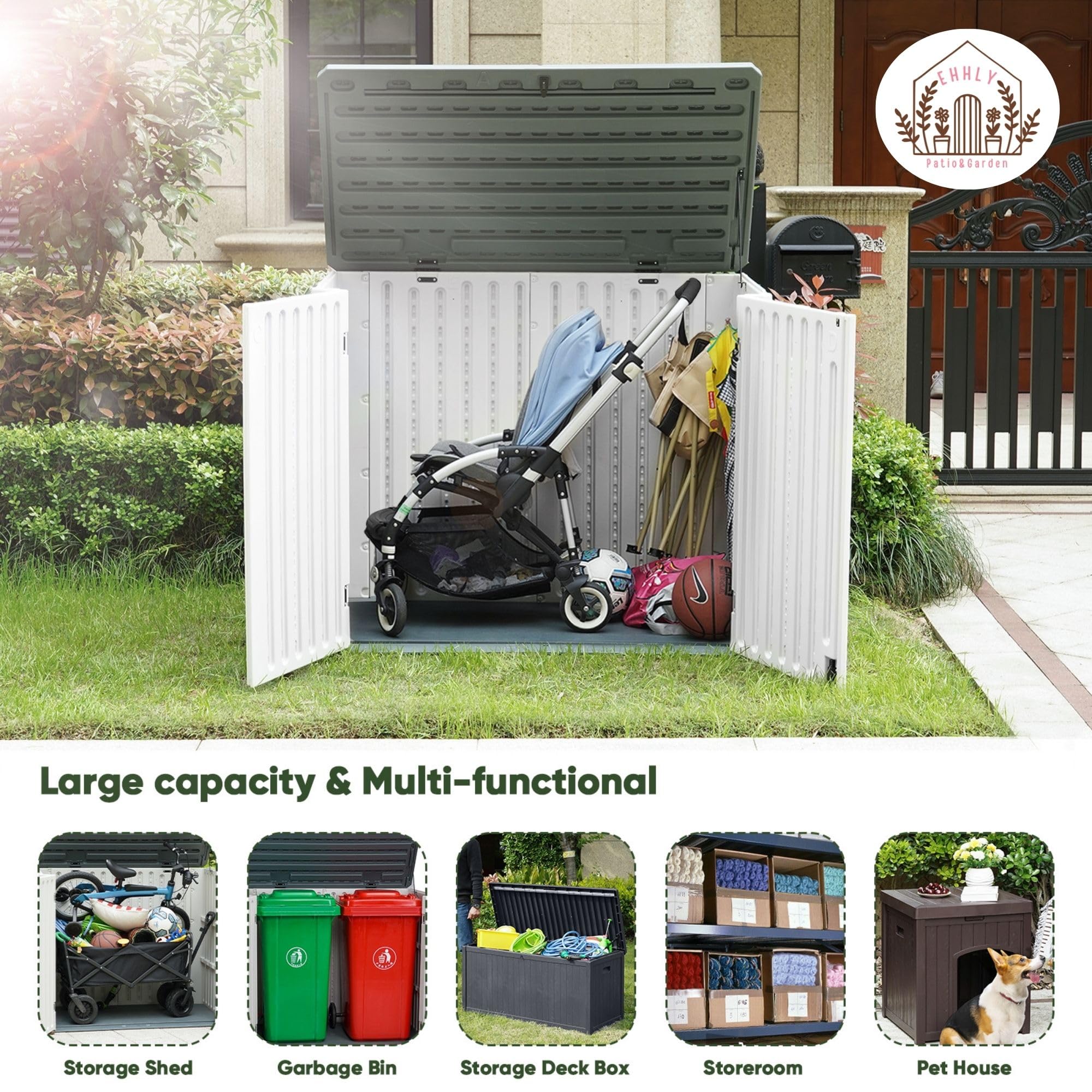 EHHLY Horizontal Resin Storage Shed, 35 Cuft Garden Tool Sheds & Outdoor Storage, Outdoor Plastic Storage Cabinet Waterproof, 4FT Tall Backyard Outside Lawn Mower Storage Shed, White