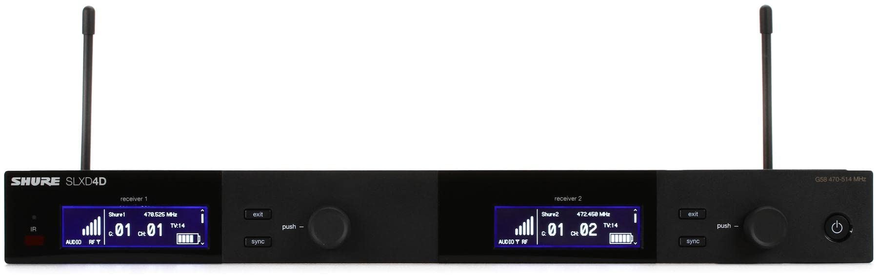 Shure SLXD4 Dual Channel Receiver - for use with SLX-D Digital Wireless Microphone Systems, Transmitters Sold Separately | G58 Band (SLXD4D=-G58)