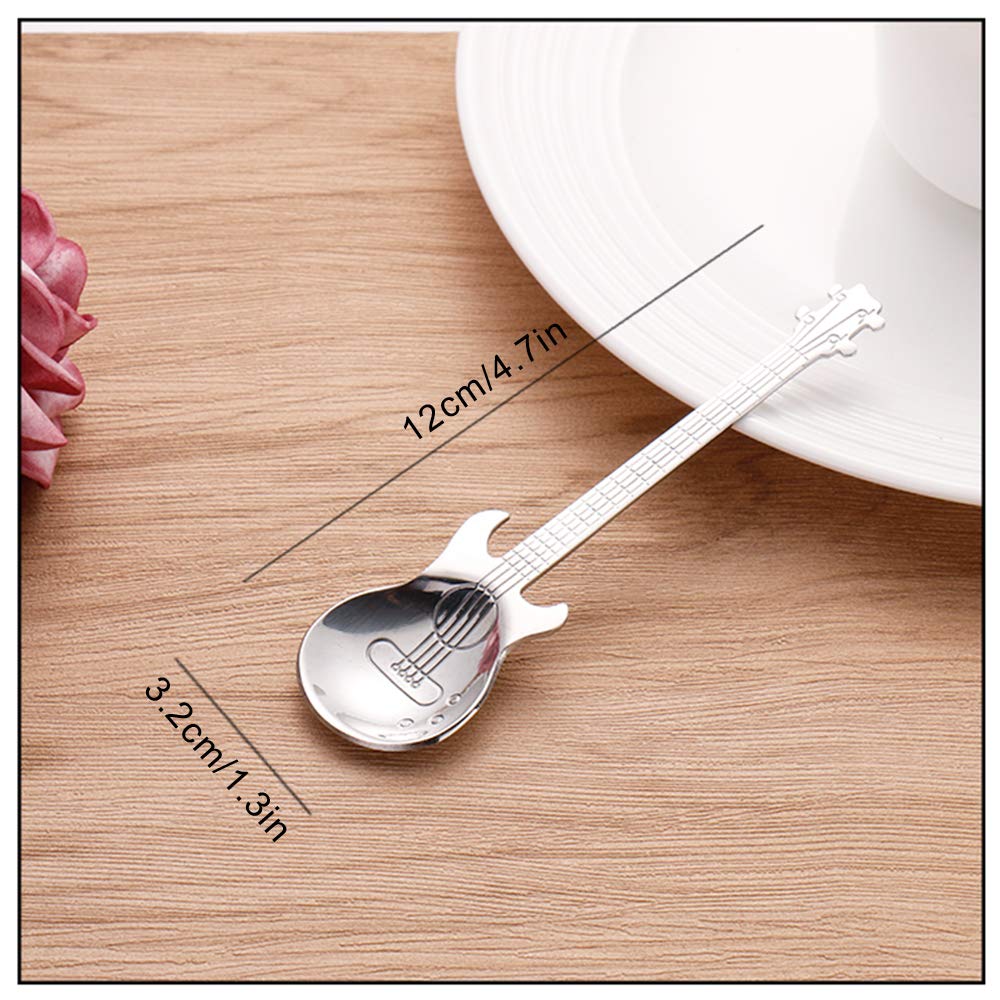 Ceqiny 5pcs Guitar Spoon Coffee Spoons Creative Cute Spoons Stainless Steel Teaspoons Ice-Cream Stirring Spoon Retro Dessert Demitasse Spoons Cutlery Kitchen Tableware for Home Party, Silver