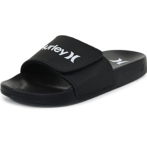 Hurley Comfort Kids Adjustable Slide Sandals - Slip On Slides for Boys and Girls, Black/White, 2 Big Kid