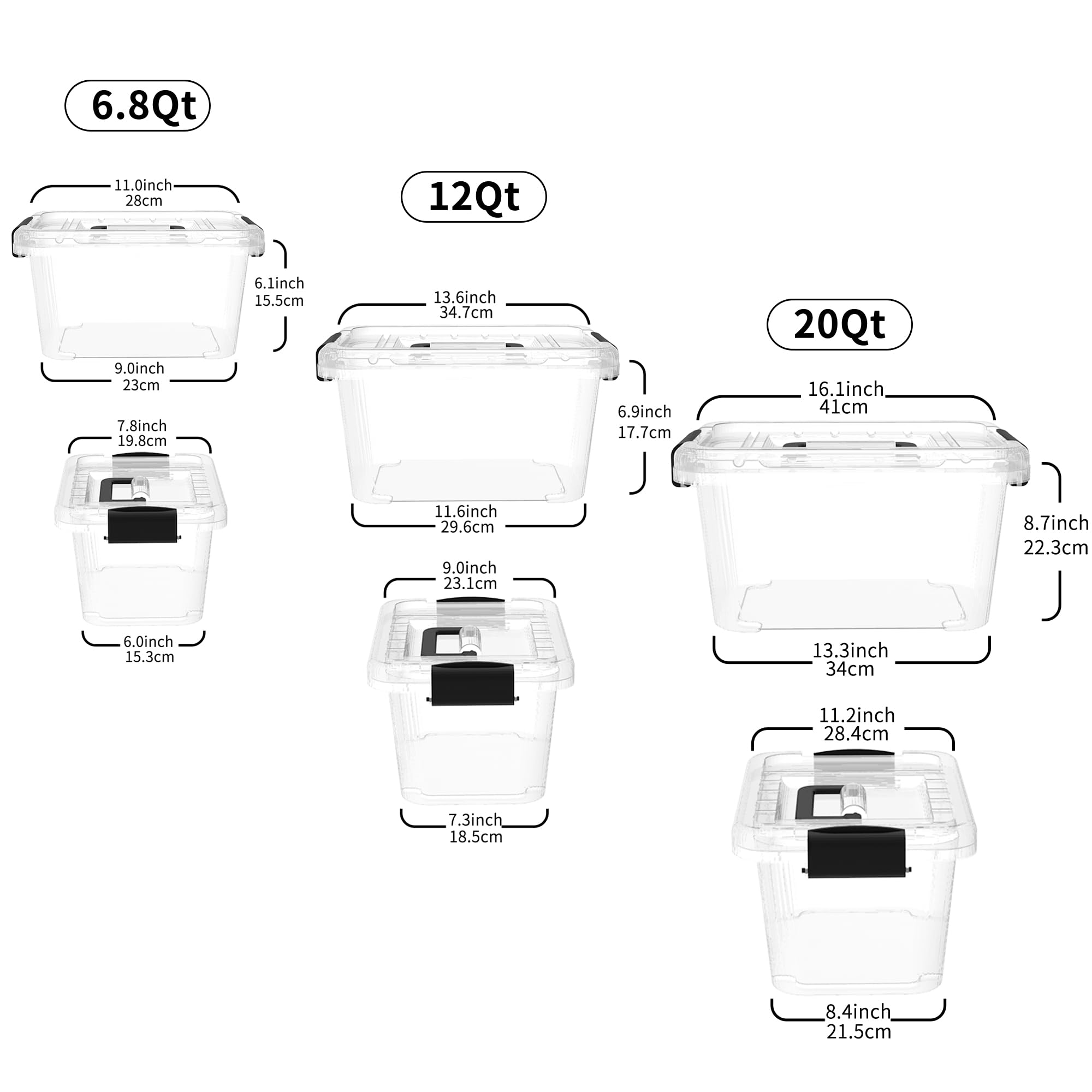 Cetomo 6.8Qt 12Qt 20Qt Plastic Storage Bins, Storage Box, Tote Organizing Container with Durable Lids, Secure Latching Buckles and Handles, Stackable and Nestable, Set of 3 Different Size Boxes, Clear