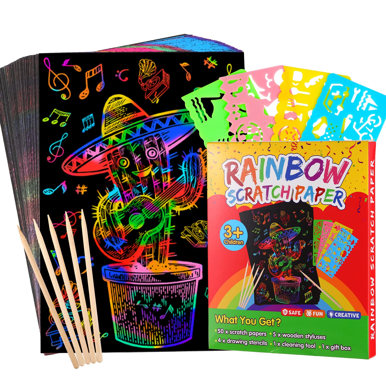 Scratch Art for Kids - 50 Pcs Black Scratch Off Art Paper, Rainbow Scratch Art with 5 Stylus and 4 Stencils, 4.9" X 7.1", Arts and Crafts for Kids Party Games Easter Christmas Birthday - Cactus