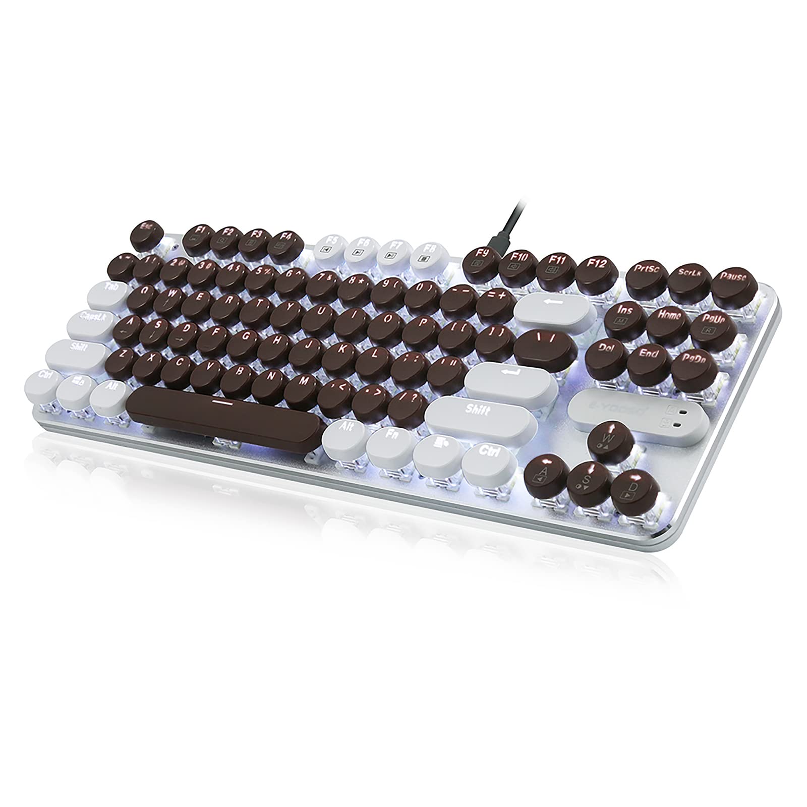 DEANEEK Typewriter Style Mechanical Keyboard 87 Key Retro Punk Round Keycap LED Backlit USB Wired Gaming Keyboards with White LED Backlit, Round Keycaps for Windows/Mac/PC (Blue Switch)