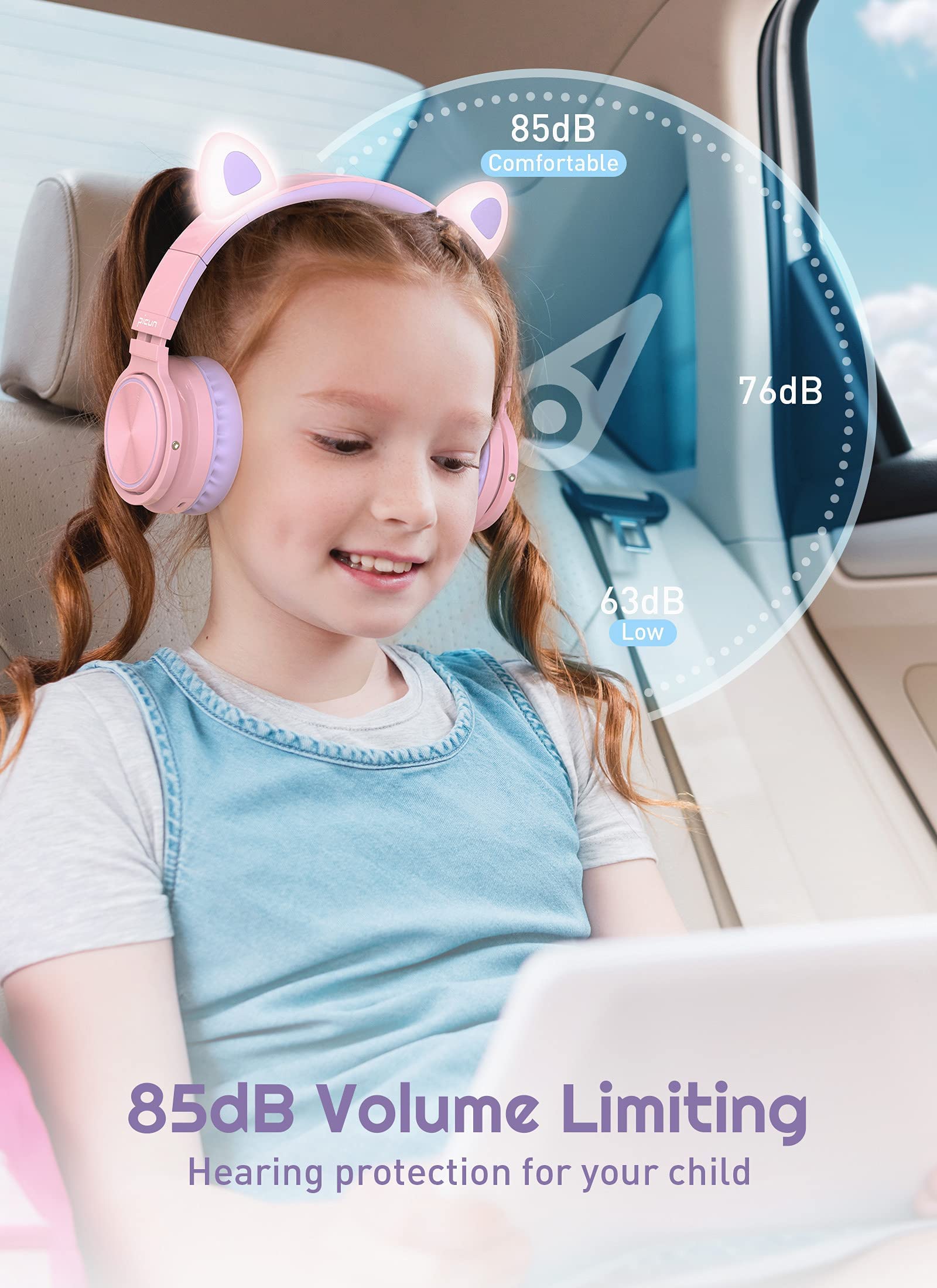 Picun Bluetooth Kids Headphones with Microphone, Cat Ear Wireless & Wired 85dB Volume Limited Multi-Function Girl Headphones, Built-in Flashing LED, Foldable for School Study Home Travel- Purple Pink