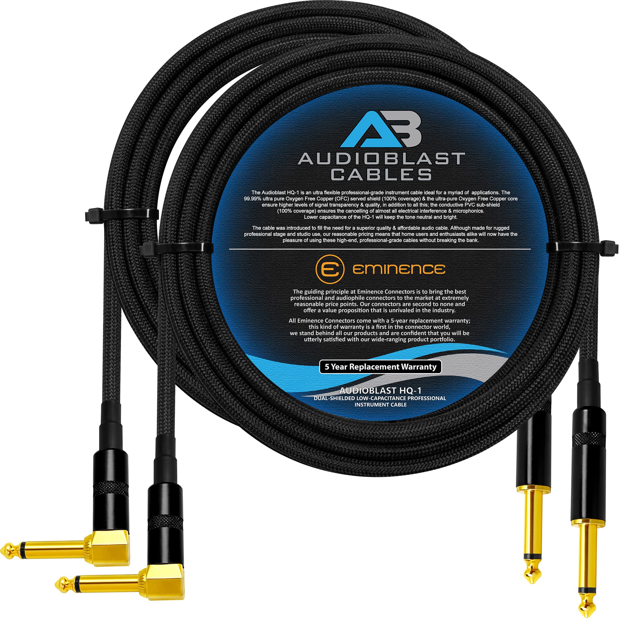 Audioblast - 2 Units - 10 Foot -HQ-1 - Braid (Black) Flexible-Dual Shielded(100%)-Guitar Instrument Effects Pedal Patch Cable w/Eminence Straight & Angled Gold ¼ inch (6.35mm) TS Plugs & Double Boots