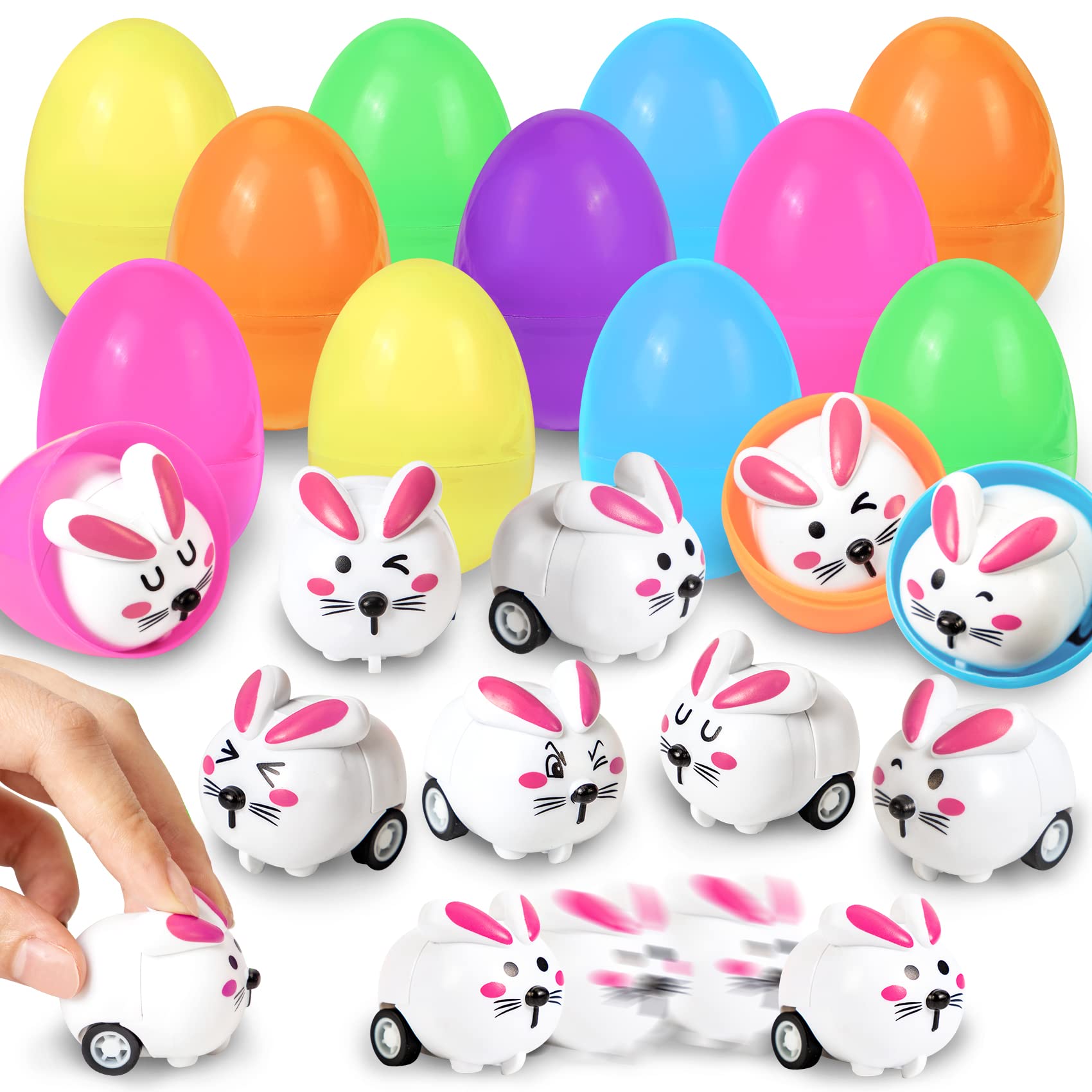 Roberly 12 Pack Prefilled Easter Eggs with Toys Inside, Filled with Mini Pull Back Bunny Cars for Easter Basket Stuffers, Party Favors, Gift Exchange, Game Prizes and Carnivals Gifts