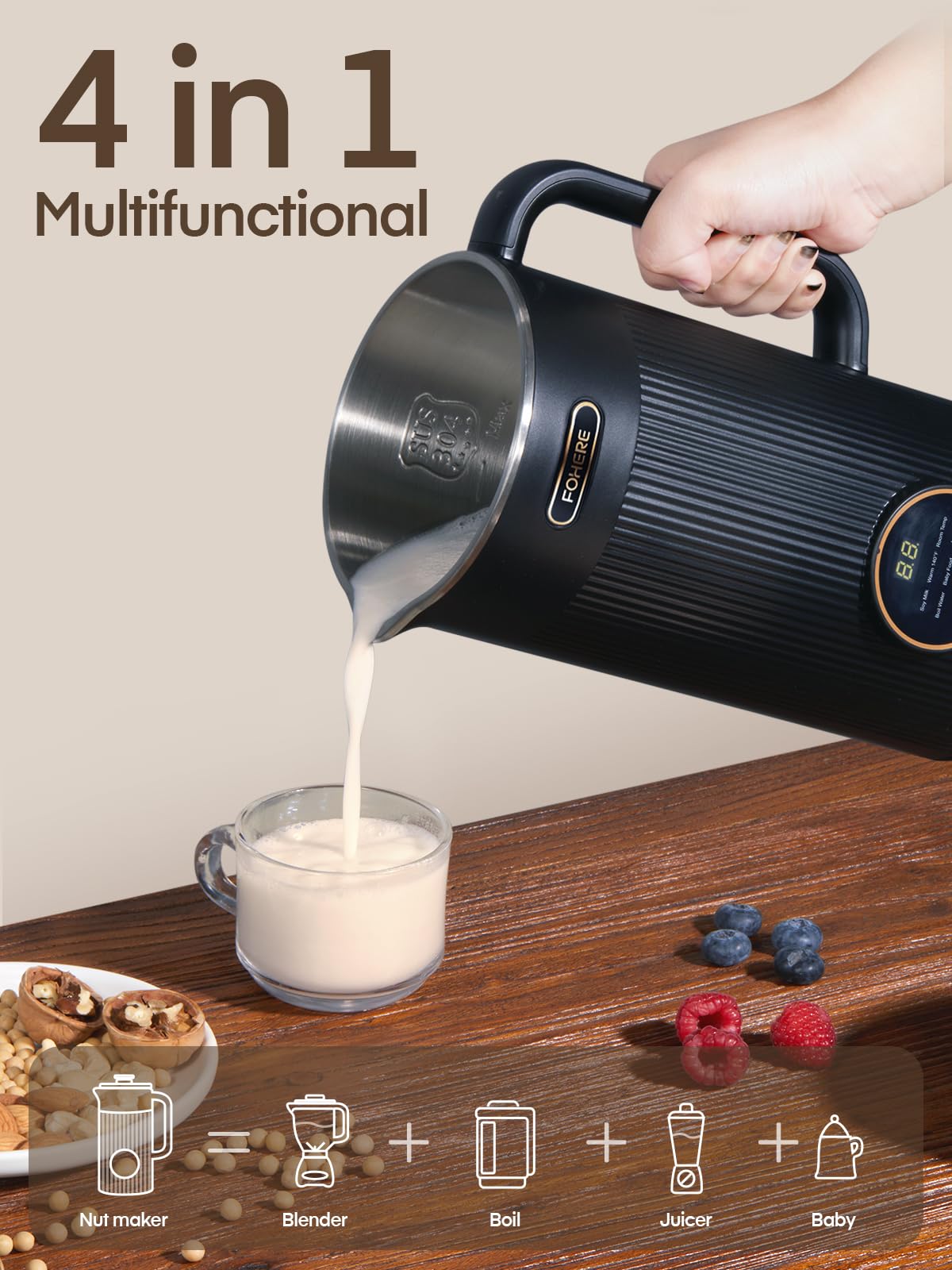 FOHERE 35oz 6 In 1 Nut Milk Maker, 1000ml 800W Automatic Cow Milk Maker Machines Plant-Based Milk, Soy, Oat, Juice, Baby Food, With 12H Timer/Self-Clean/Keep Warm/Boil