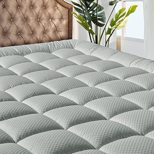 MATBEBY Bedding Quilted Fitted Queen Mattress Pad Cooling Breathable Fluffy Soft Mattress Pad Stretches up to 21 Inch Deep, Queen Size, Light Grey, Mattress Topper Mattress Protector