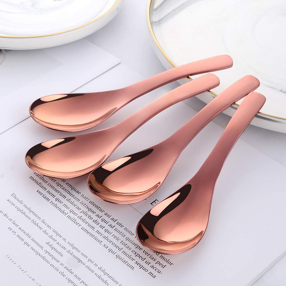 Bisda Thick Heavy Duty Soup Spoons, Set of 4, Stainless Steel Polished Asian Rice Table Spoon,Dishwasher Safe (Rose Gold)