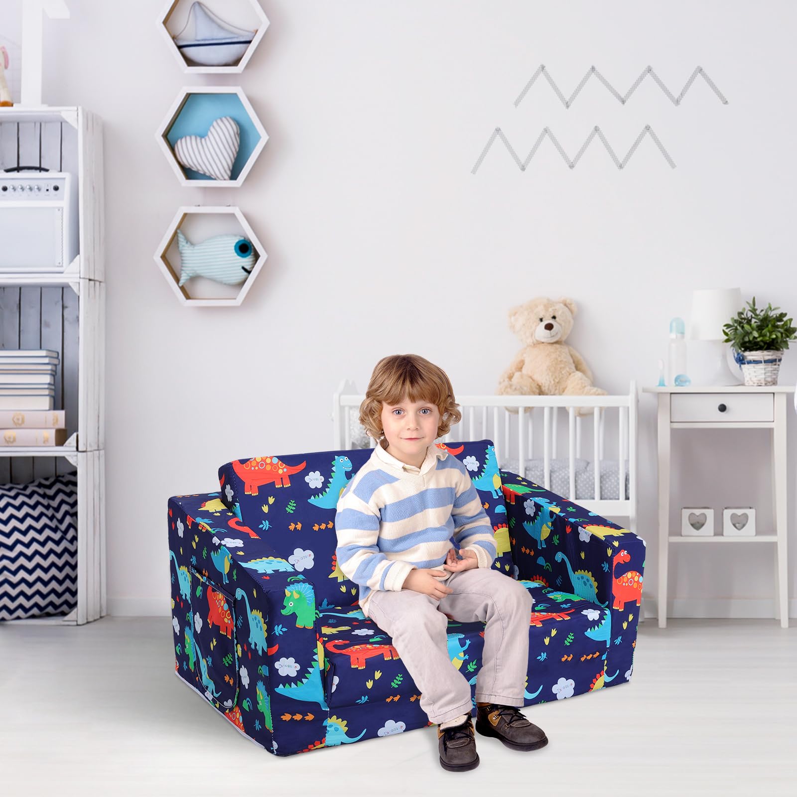 decalsweet Kids Couch Convertible Sofa to Lounger for Toddler Boy, Foldable 2-in-1 Kids Sofa Bed, Toddler Chairs Comfy for Bedroom Playroom, Blue Dinosaur