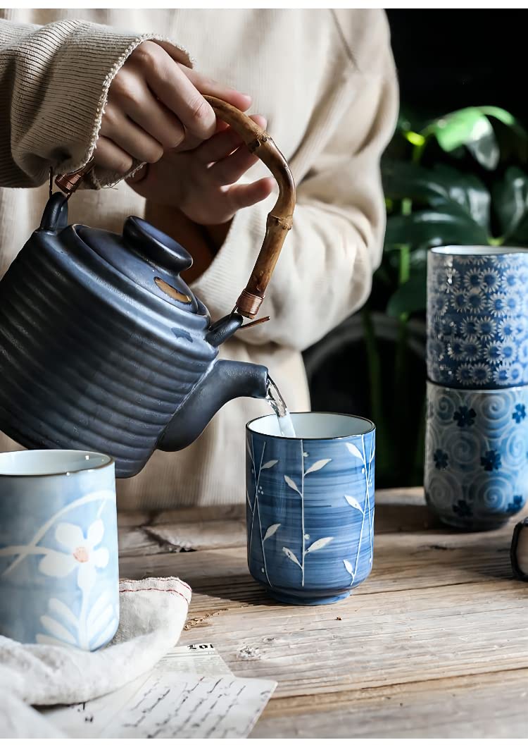 Caalio Japanese Porcelain Tea Cups, for Matcha Coffee Hot Green Tea, Chinese Tea, Mino ware, Diameter 2.9 inches x height 4.0 inches, 11fl oz/325ml - BLUE BLOSSOM