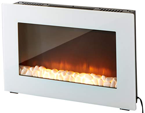 Cambridge Callisto 30 Inch Wall Mounted Flat Panel Electric Fireplace Heater with Remote Control, Realistic Flames, and Crystal Rock Display for Living Room, Bedroom, Home Office, White