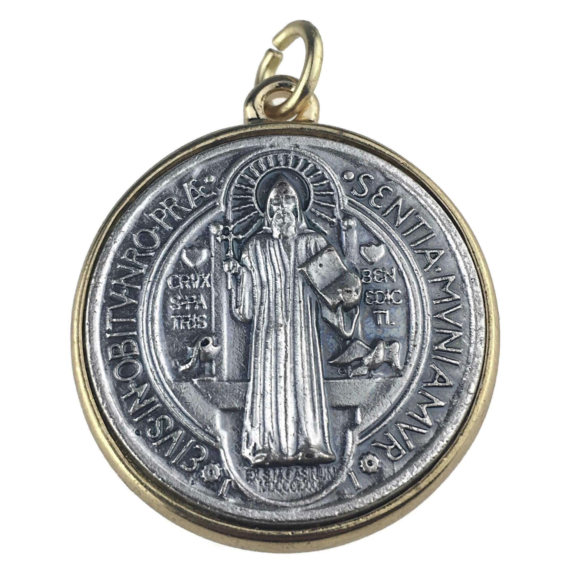 Bling Cartel Medalla De San Benito Saint St Benedict Two Tone Medallion Antiqued Silver & Gold Finish 35mm Medal