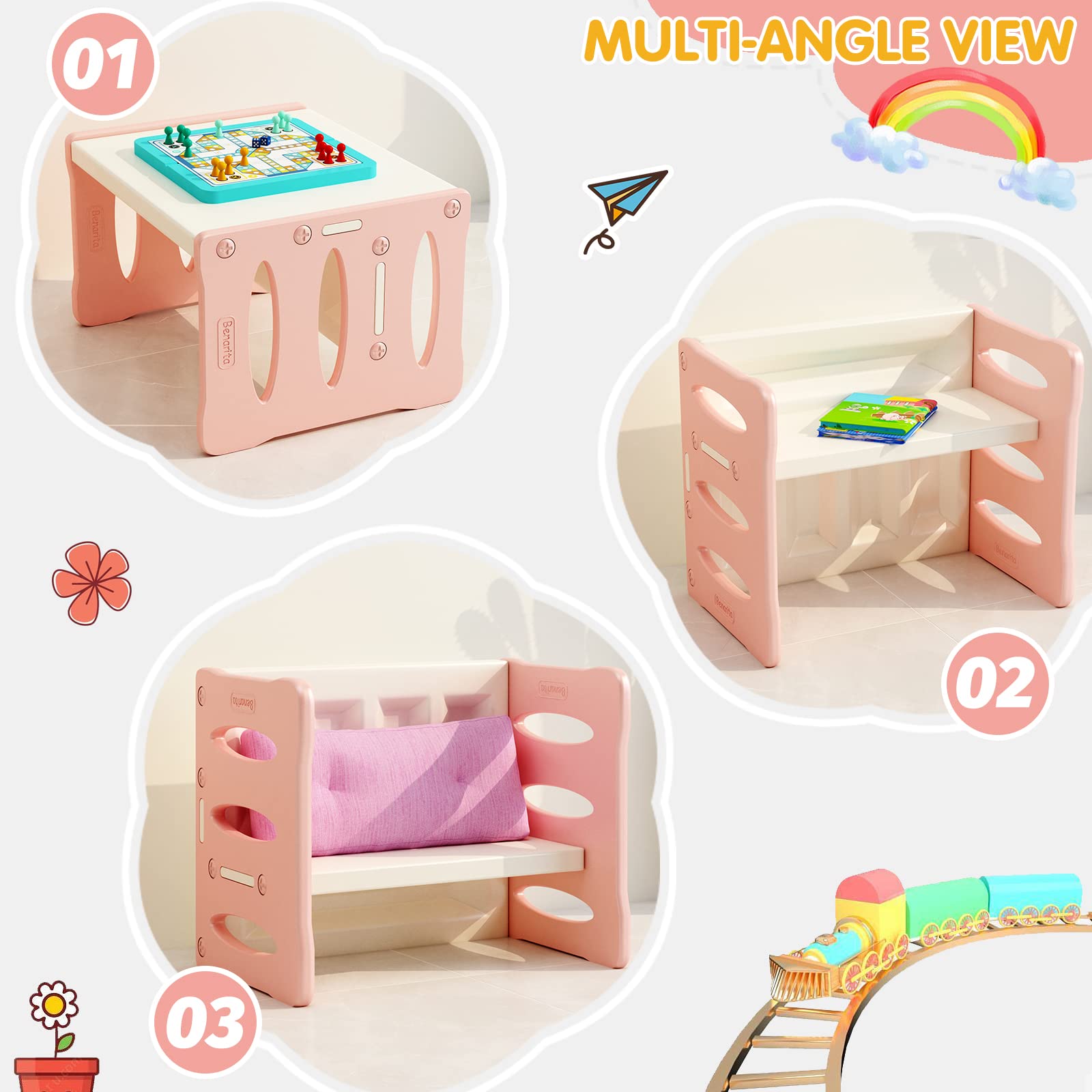 Benarita Kids Table and 2 Chairs Set, Plastic Activity Table for Toddler Reading, Arts, Crafts, Homework, with Storage Space